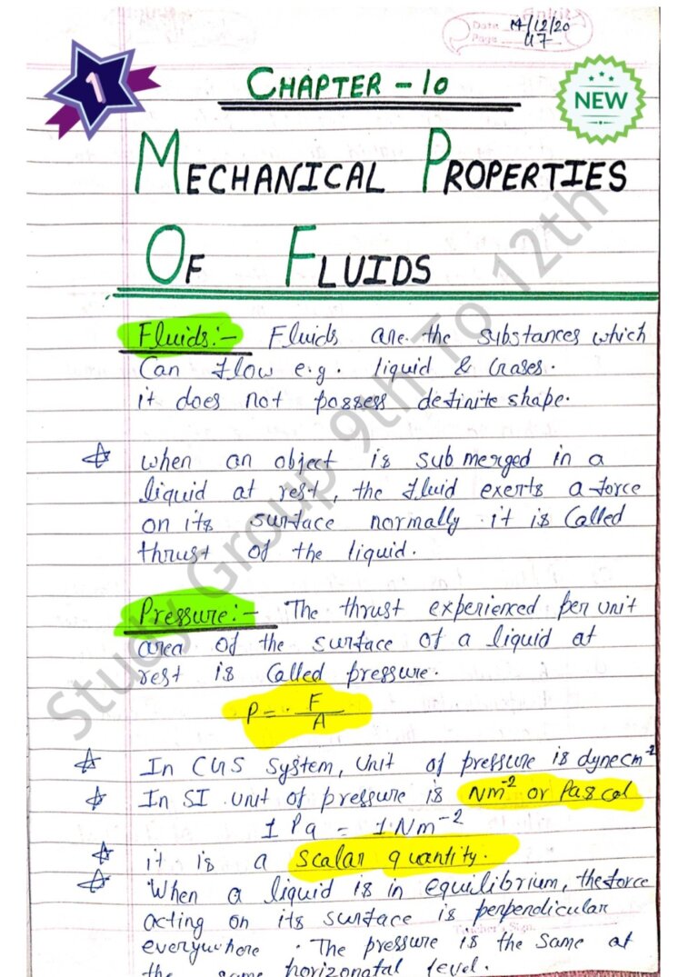 Chapter 10: Class 11 Physics Mechanical properties of fluids Notes